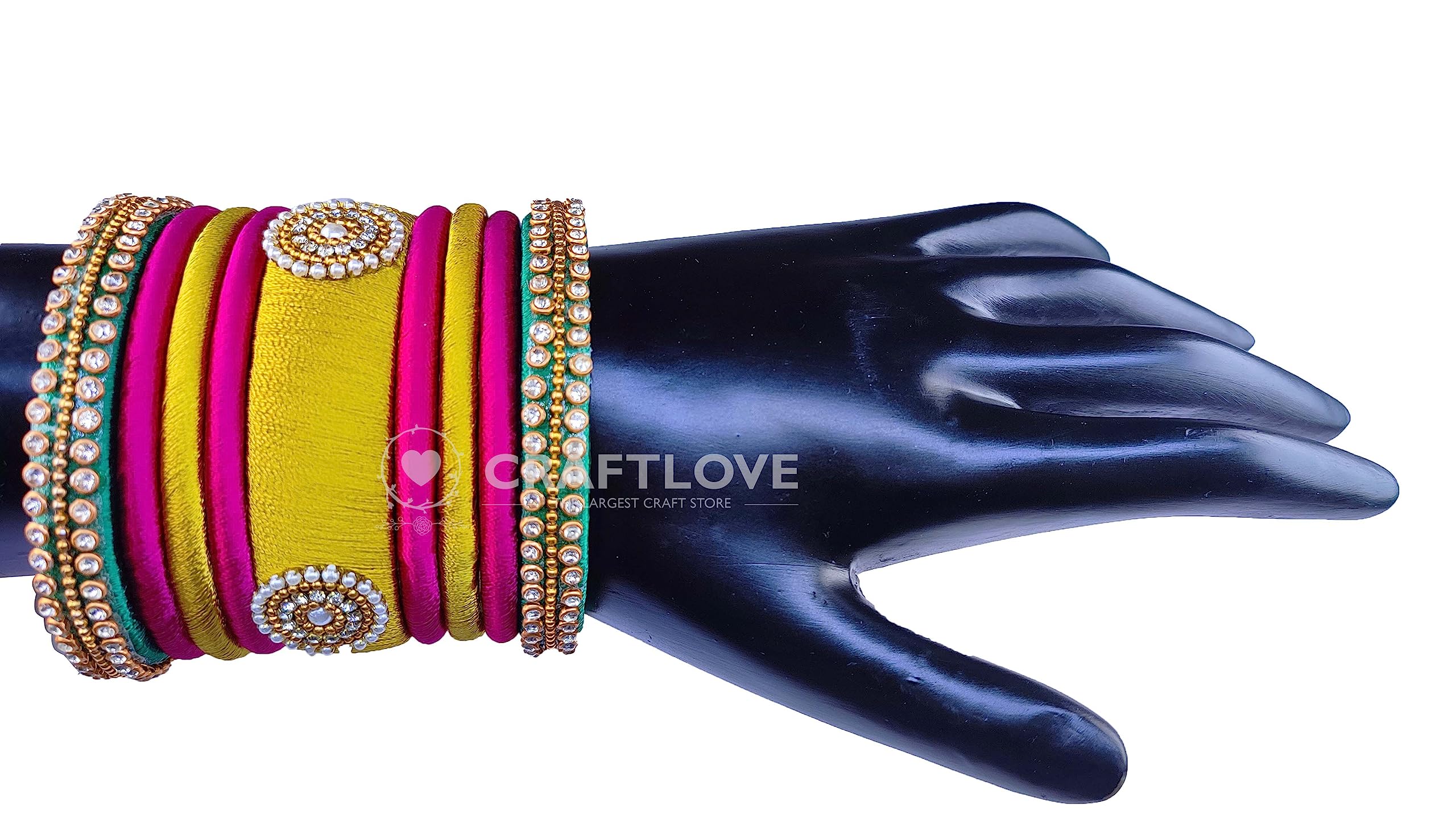 GOELX Festive Offer: Rani Pink Green and Gold Silk Thread Handcrafted Bangle Bracelet for Women - 2.4