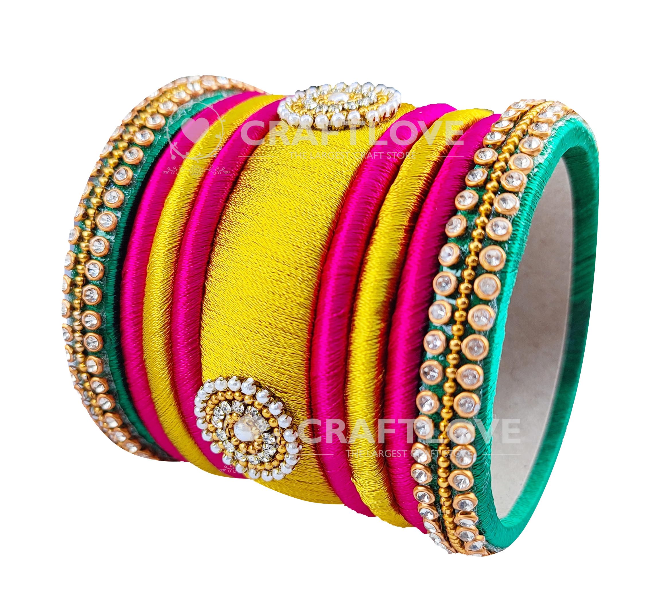 GOELX Festive Offer: Rani Pink Green and Gold Silk Thread Handcrafted Bangle Bracelet for Women - 2.4