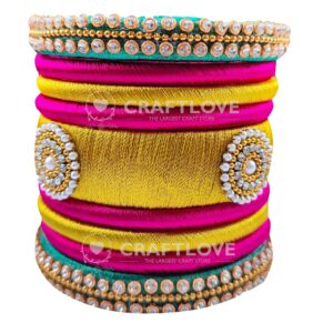 GOELX Festive Offer: Rani Pink Green and Gold Silk Thread Handcrafted Bangle Bracelet for Women - 2.4