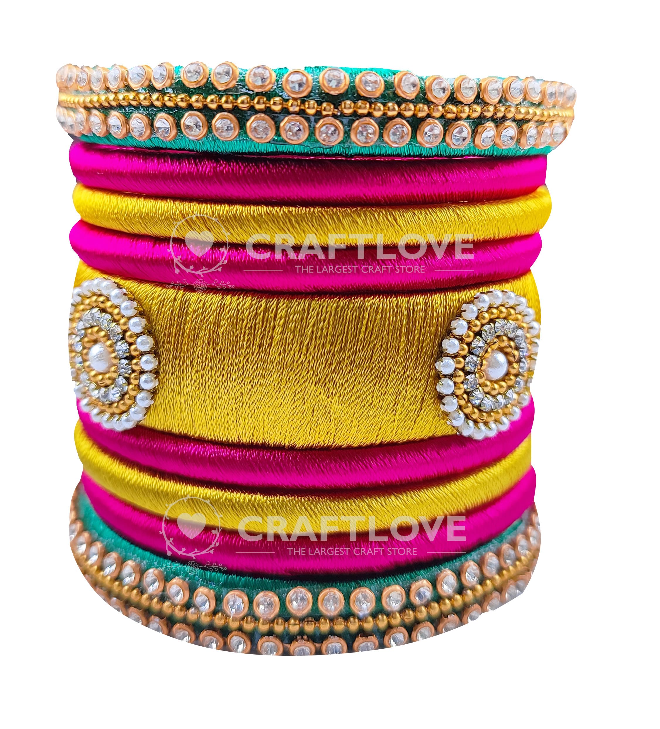 GOELX Festive Offer: Rani Pink Green and Gold Silk Thread Handcrafted Bangle Bracelet for Women - 2.4