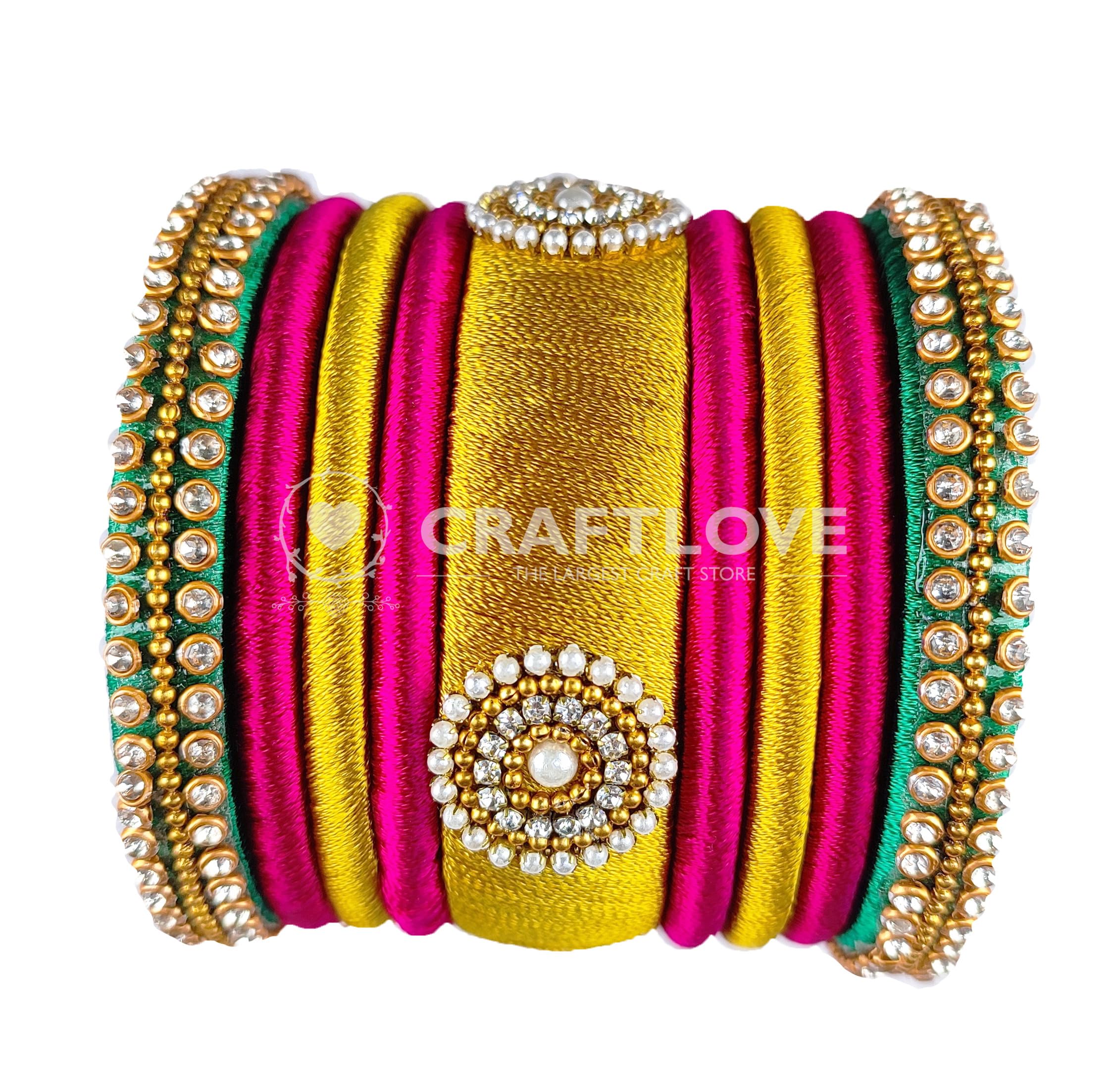 GOELX Festive Offer: Rani Pink Green and Gold Silk Thread Handcrafted Bangle Bracelet for Women - 2.4