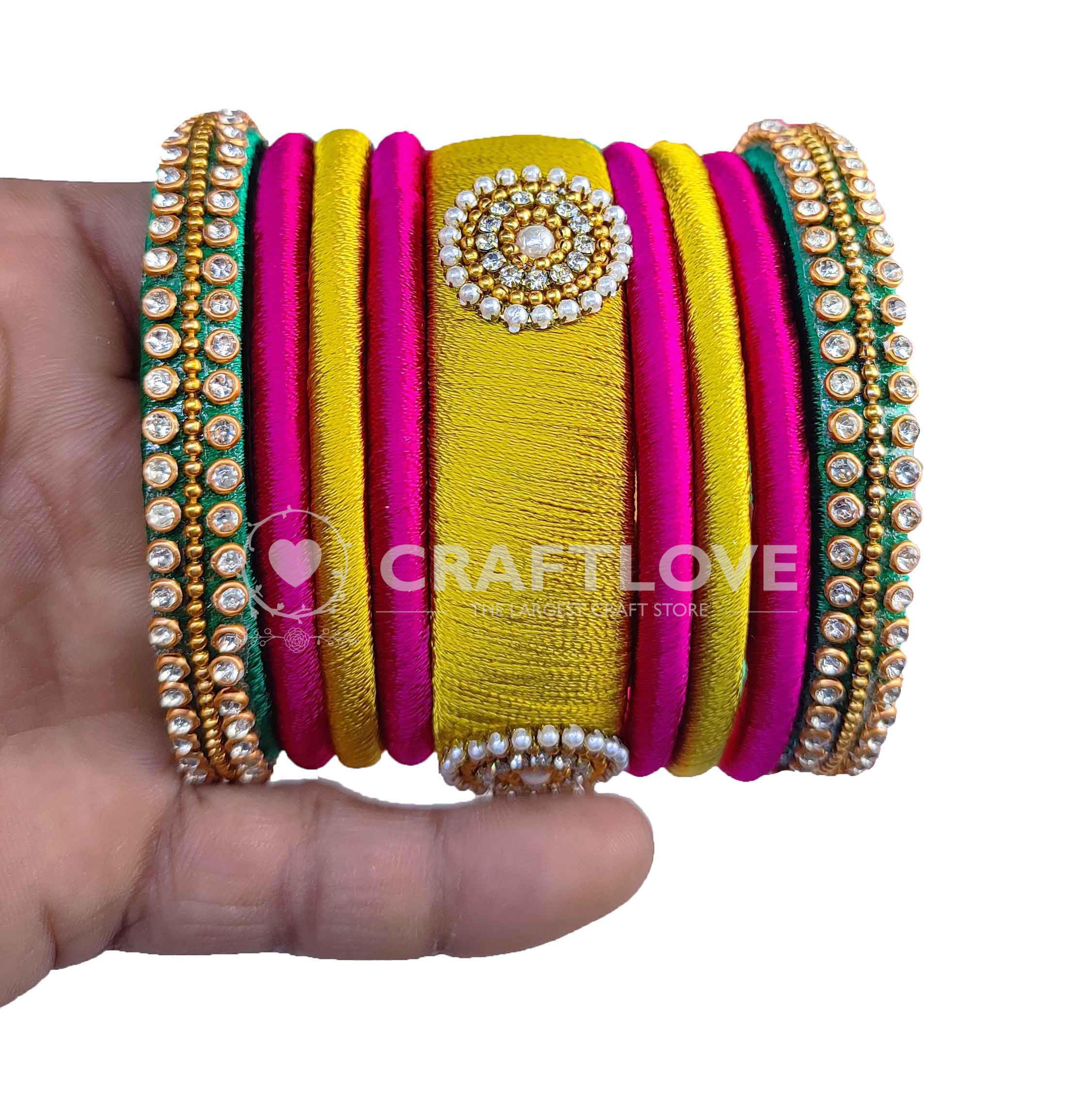 GOELX Festive Offer: Rani Pink Green and Gold Silk Thread Handcrafted Bangle Bracelet for Women - 2.4