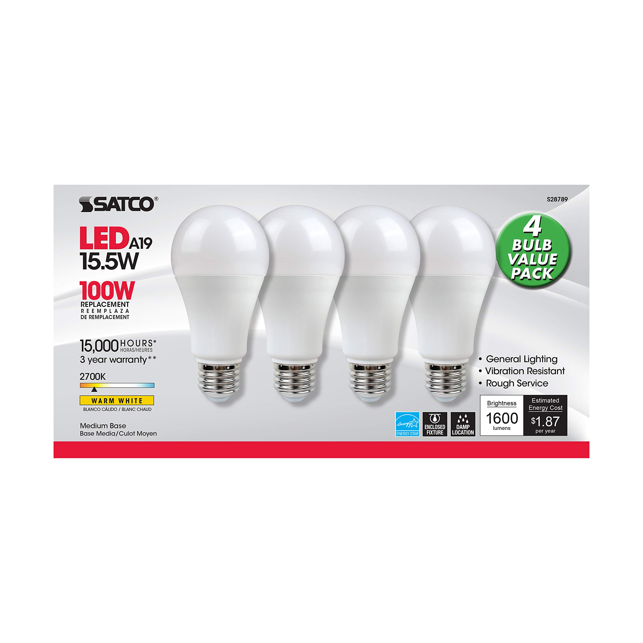 Satco S28789 LED E26 15.5 Watt 100w A19 Replacement LED - 4 Bulbs