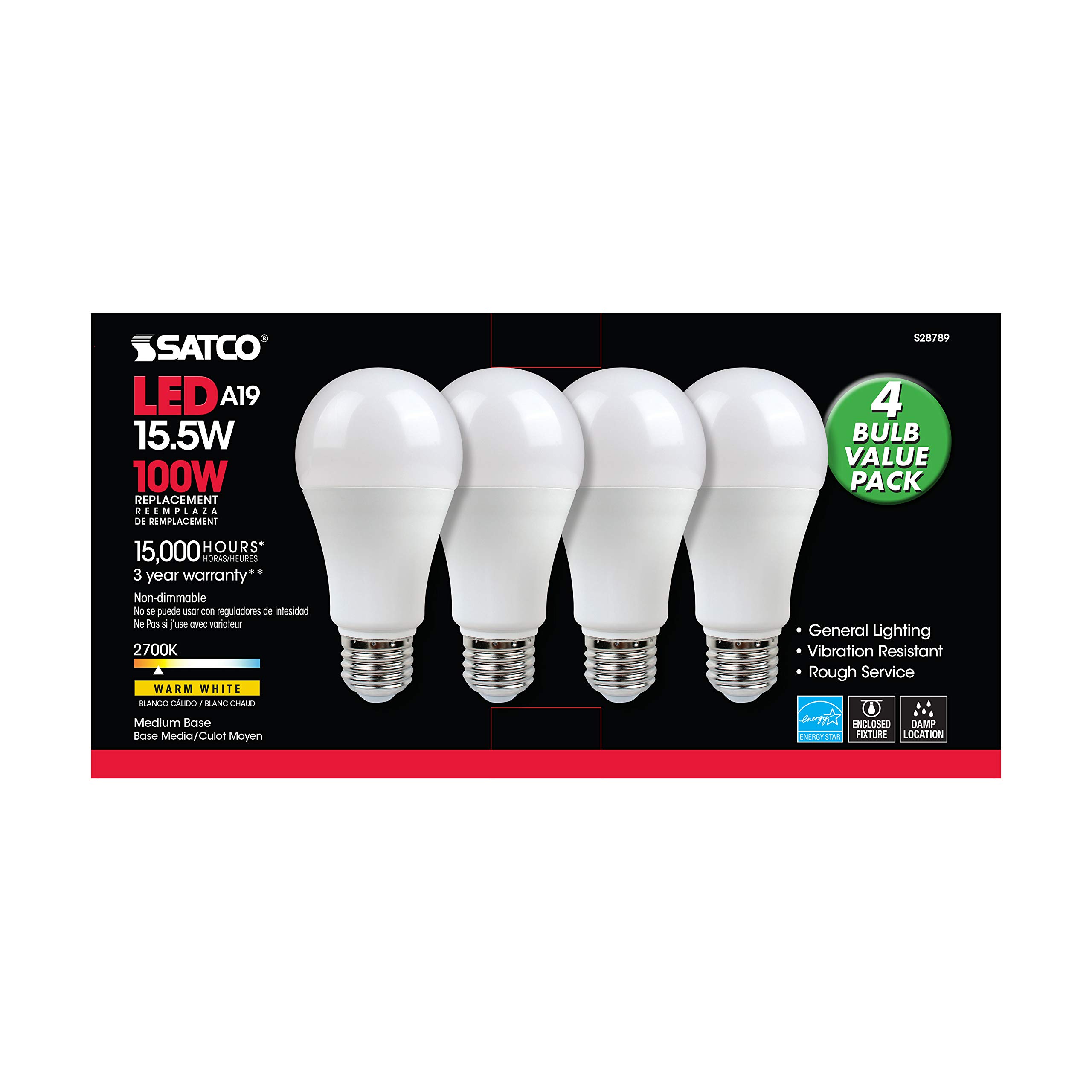 Satco S28789 LED E26 15.5 Watt 100w A19 Replacement LED - 4 Bulbs