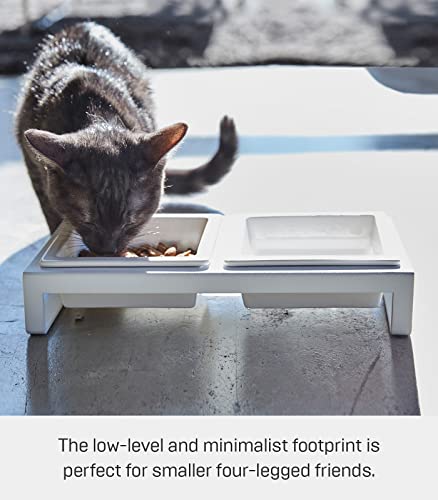 Yamazaki Home Tower Steel and Ceramic Pet Food Stand | 2 Bowls for Food and Water | Feeder for Small Cats and Dogs | Non-Slip - Short - 1.25 Cups, 300 Milliliters Per Bowl, White