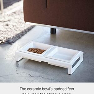 Yamazaki Home Tower Steel and Ceramic Pet Food Stand | 2 Bowls for Food and Water | Feeder for Small Cats and Dogs | Non-Slip - Short - 1.25 Cups, 300 Milliliters Per Bowl, White