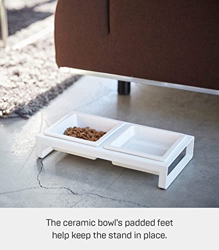 Yamazaki Home Tower Steel and Ceramic Pet Food Stand | 2 Bowls for Food and Water | Feeder for Small Cats and Dogs | Non-Slip - Short - 1.25 Cups, 300 Milliliters Per Bowl, White