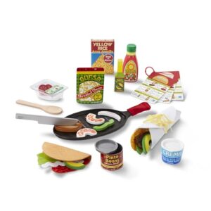 melissa & doug fill & fold taco & tortilla set, 43 pieces – sliceable wooden mexican play food, skillet, and more - fsc certified