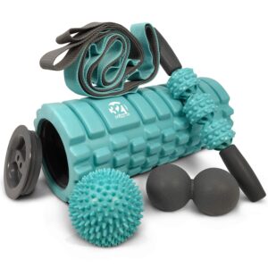 321 strong 5 in 1 foam roller set includes hollow core massage roller with end caps, muscle roller stick, stretching strap, double lacrosse peanut, spikey plantar fasciitis ball, all in giftable box