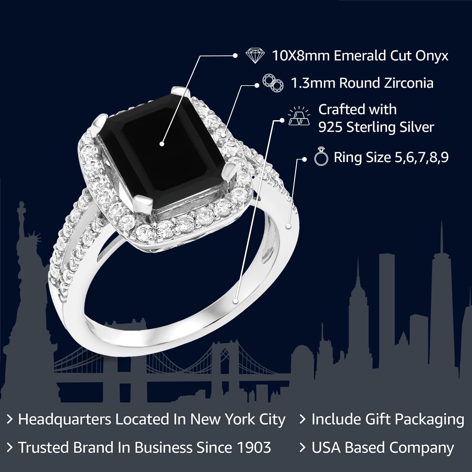 Gem Stone King 925 Sterling Silver Black Onyx Engagement Ring For Women (3.75 Cttw, Emerald Cut 10X8MM, Gemstone Birthstone, Available in size 5, 6, 7, 8, 9)