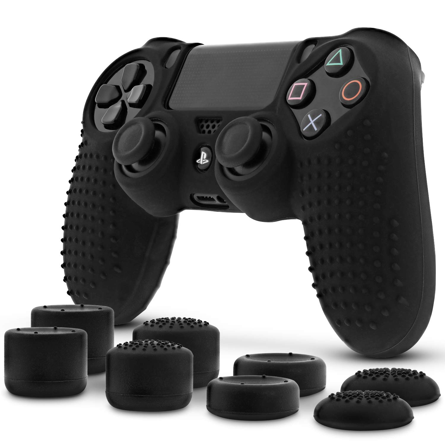 Fosmon PS4 Controller Skin with 8 Thumb Grips, Anti-Slip Silicone Grip Cover Protector Case Compatible with Sony PlayStation PS4 Slim/PRO 4 DualShock Controller (Black)