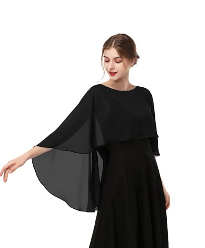 Hotshawl Capelets for women Chiffon Cape Shawls and Wraps for Evening Dress Wedding Capes Cover Up (Black)