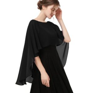 Hotshawl Capelets for women Chiffon Cape Shawls and Wraps for Evening Dress Wedding Capes Cover Up (Black)