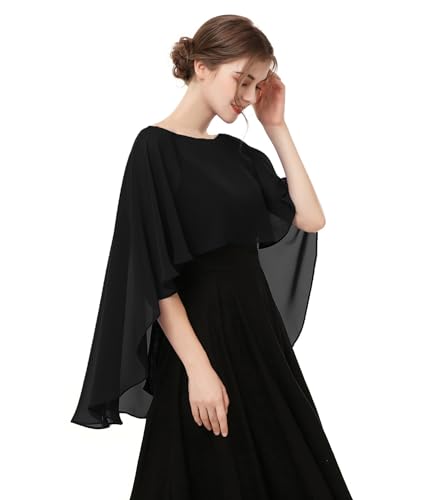 Hotshawl Capelets for women Chiffon Cape Shawls and Wraps for Evening Dress Wedding Capes Cover Up (Black)