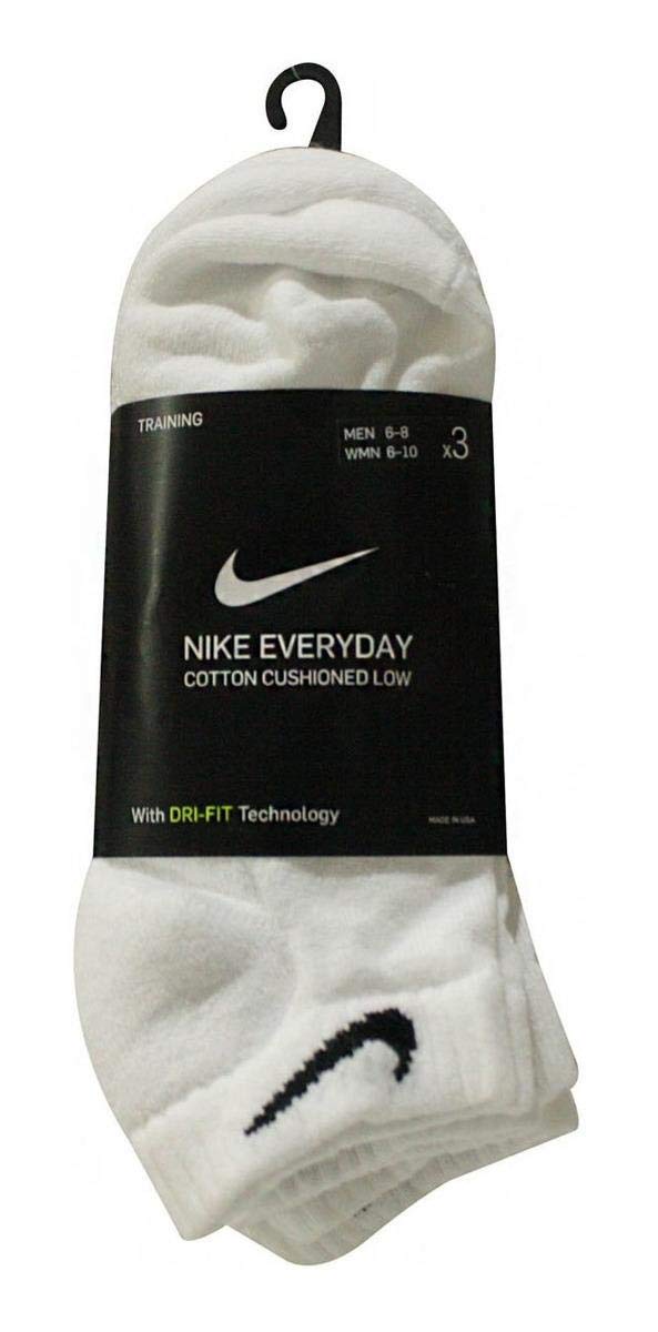 Nike Everyday Cushion Low Training Socks (3 Pair), Men's & Women's Athletic Low Cut Socks with Sweat-Wicking Technology, White/Black, Women's 4-6 and Youth 3Y-5Y