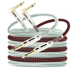 otraki electric guitar cable 10ft 2 pack 1/4 inch ts instrument cable pack straight to right angle bass amp guitar cord 3 meter for keyboard woven tweed with 6.35mm gold plated plug red + green