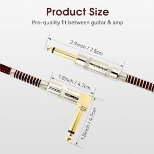 OTraki Electric Guitar Cable 10ft 2 Pack 1/4 Inch TS Instrument Cable Pack Straight to Right Angle Bass Amp Guitar Cord 3 Meter for Keyboard Woven Tweed with 6.35mm Gold Plated Plug Red + Green