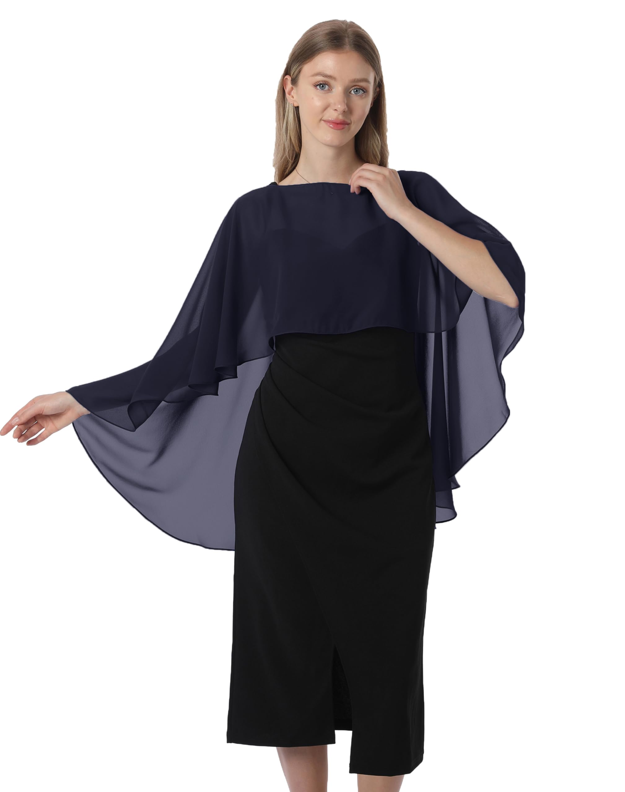 Hotshawl Capelets for women Chiffon Cape Shawls and Wraps for Evening Dress Wedding Capes Cover Up (Navy)