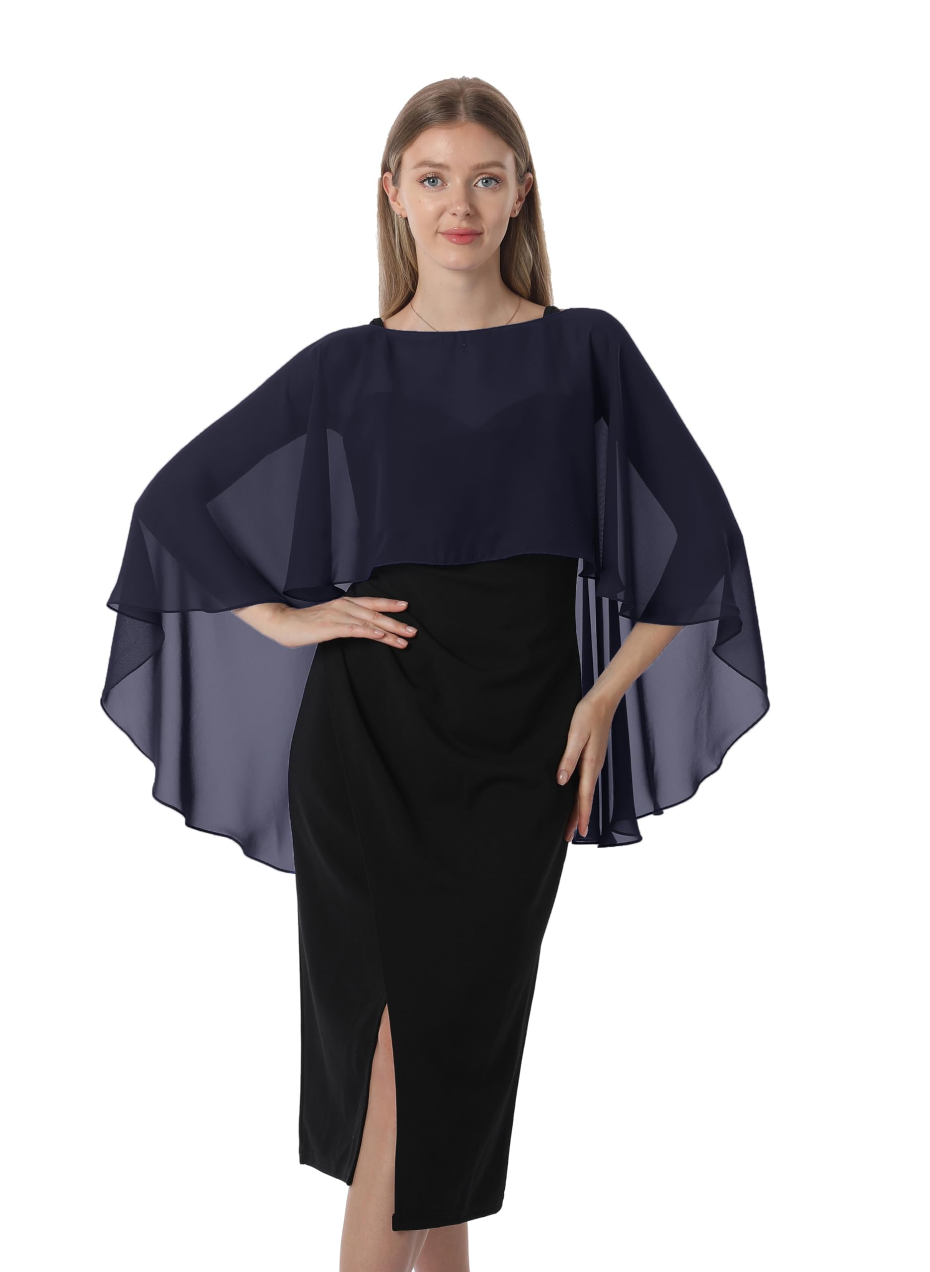 Hotshawl Capelets for women Chiffon Cape Shawls and Wraps for Evening Dress Wedding Capes Cover Up (Navy)