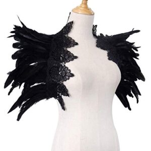 L'VOW Black Feather Shrug Cape Shoulder Wrap Lace Collar Halloween Costumes for Women (Black -001)