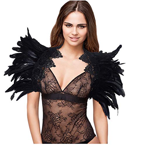 L'VOW Black Feather Shrug Cape Shoulder Wrap Lace Collar Halloween Costumes for Women (Black -001)