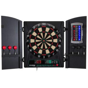 bullshooter electronic dart board cabinet set home bar game room playroom wooden cabinet doors lcd display for up to eight players - 34 games 183 variations - 2 sets of soft tip darts