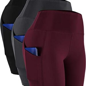 CADMUS Women's High Waist Spandex Yoga Shorts for Bike Running Two Side Pockets,10,Black,Grey,Wine Red,X-Large