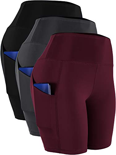 CADMUS Women's High Waist Spandex Yoga Shorts for Bike Running Two Side Pockets,10,Black,Grey,Wine Red,X-Large