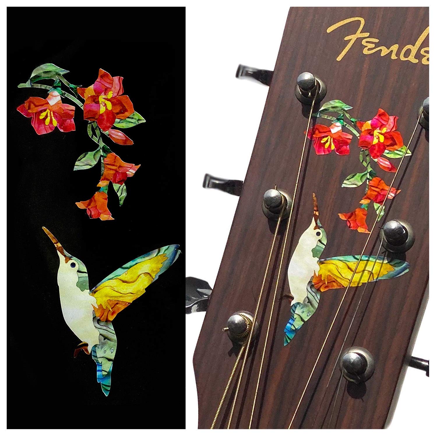 Inlay Sticker Decal for Guitars, Bass & Ukuleles - Hummingbird & Flowers