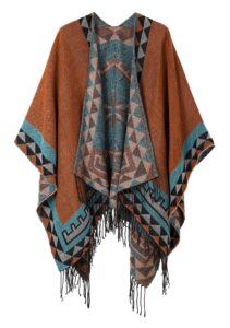 women's warm shawls wraps open front cardigan vintage pattern poncho cape sweater coat (5 orange)