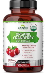 zazzee usda organic cranberry 25:1 extract, 12,500 mg strength, 100 vegan capsules, over 3 month supply, standardized, concentrated 25x extract, 100% vegetarian, certified organic, non-gmo all-natural