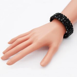 Lavencious Round Shape Rhinestone 3 Lines Stretch Bracelet Evening Party Jewelry 7” (Jet Black)