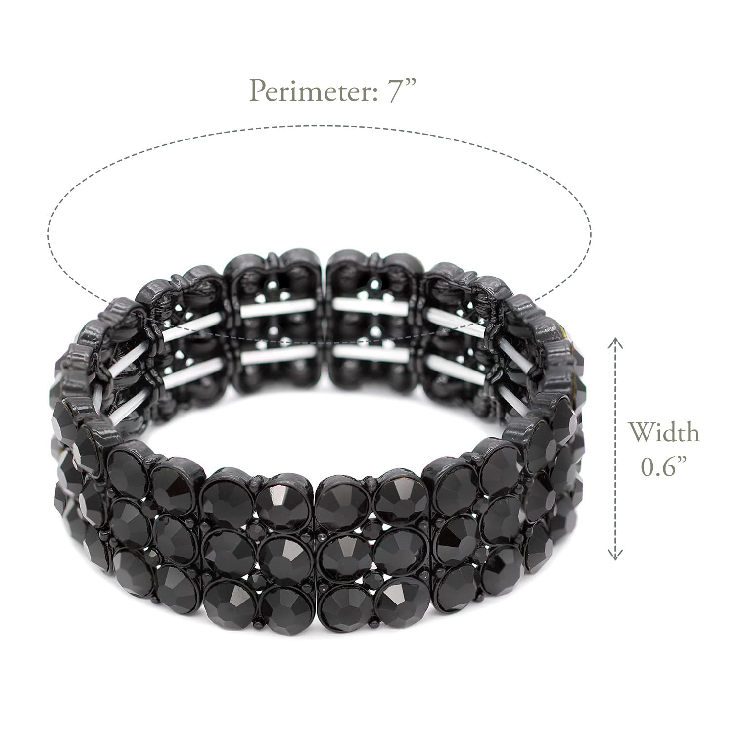 Lavencious Round Shape Rhinestone 3 Lines Stretch Bracelet Evening Party Jewelry 7” (Jet Black)