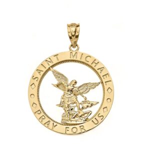 10k saint michael pray for us charm round pendant in yellow gold