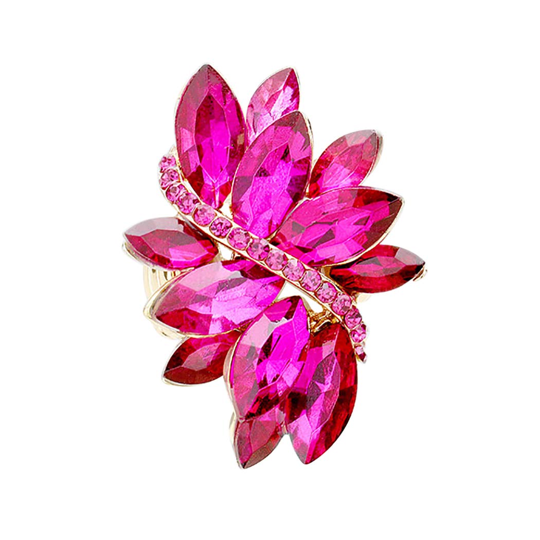 Rosemarie Collections Women's Dazzling Crystal Leaf Stretch Cocktail Ring (Fuchsia Pink/Gold Tone)