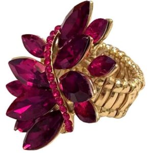 Rosemarie Collections Women's Dazzling Crystal Leaf Stretch Cocktail Ring (Fuchsia Pink/Gold Tone)