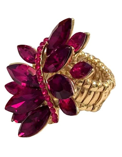 Rosemarie Collections Women's Dazzling Crystal Leaf Stretch Cocktail Ring (Fuchsia Pink/Gold Tone)