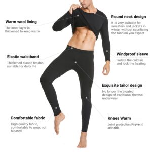 PISIQI Thermal Underwear Men Ultra-Soft Long Johns Set with Fleece Lined Base Layer Winter Skiing Warm Top & Bottom Black