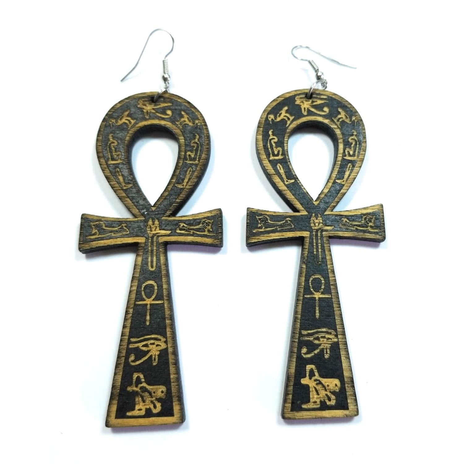 Teri's Boutique Egyptian Ankh Cross Wood Engraved Ancient Symbol of Life Fashion Jewelry Dangle Earrings (Black)