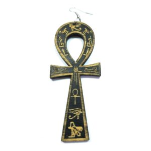 Teri's Boutique Egyptian Ankh Cross Wood Engraved Ancient Symbol of Life Fashion Jewelry Dangle Earrings (Black)