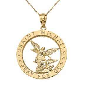 calirosejewelry 14k saint michael pray for us round charm pendant necklace in yellow gold, 20"