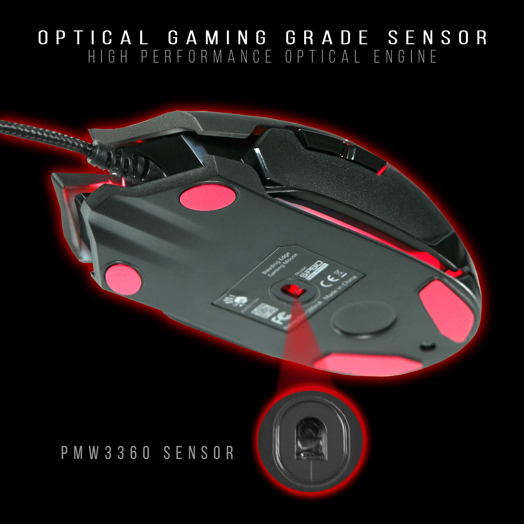 BLOODY SP80 Optical Switch Gaming Mouse - Fastest Mouse Switch in Gaming - Enthusiast Grade Gaming Sensor - 8 Programmable Buttons - Non-Slip Rubberized Texture - Black - 12,000 FPS