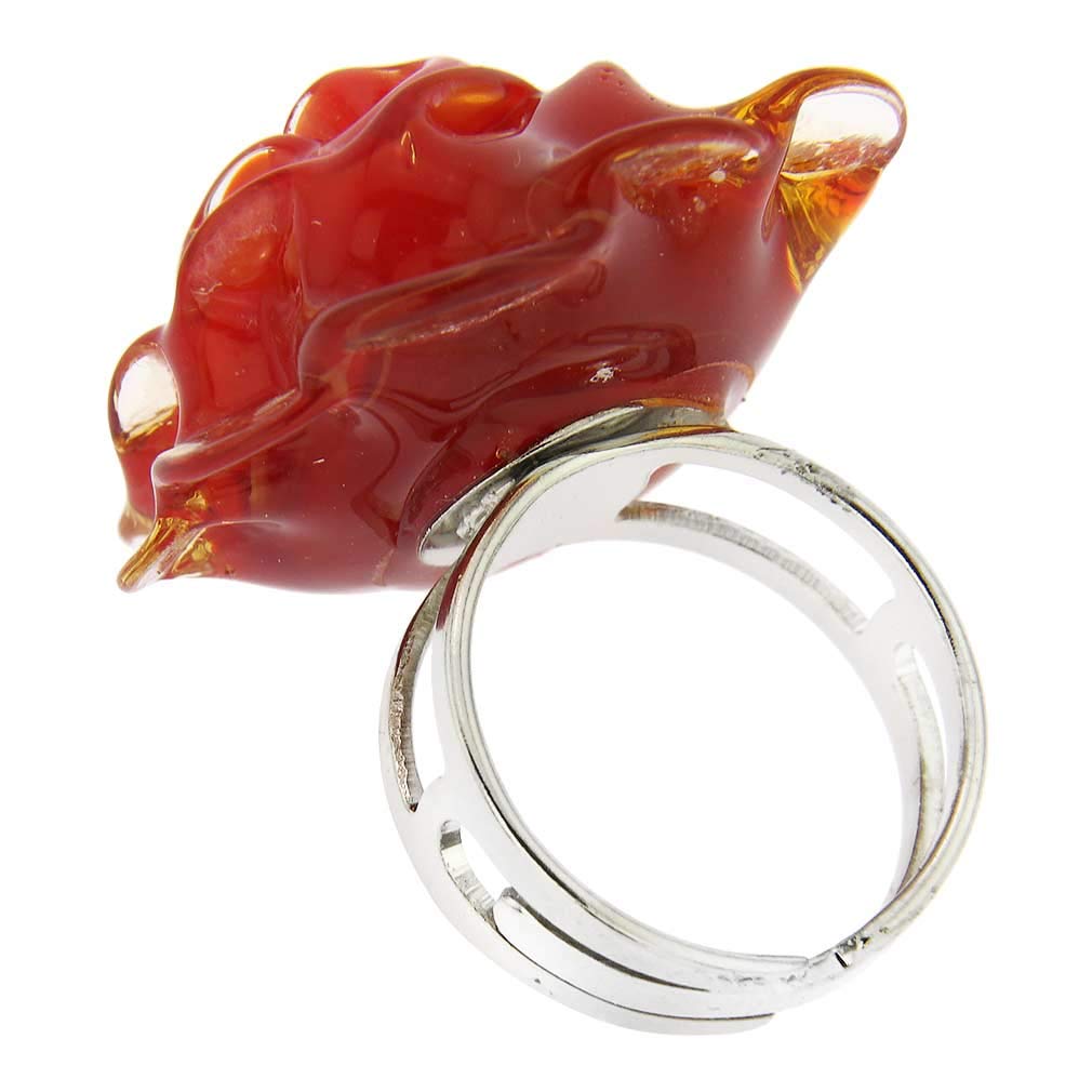 GlassOfVenice Murano Glass Red Flower Ring Adjustable