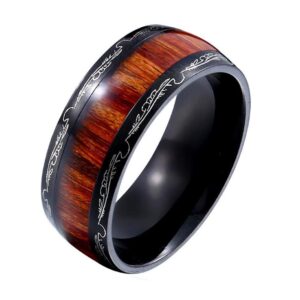 HIJONES Unisex Stainless Steel Rings Koa Real Wood Wedding Engagement Ring Band High Polished Finish Black Size 7