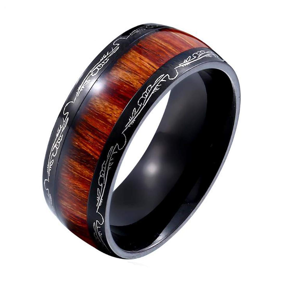 HIJONES Unisex Stainless Steel Rings Koa Real Wood Wedding Engagement Ring Band High Polished Finish Black Size 7