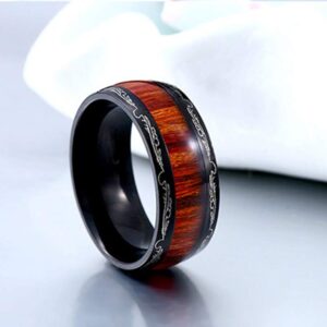 HIJONES Unisex Stainless Steel Rings Koa Real Wood Wedding Engagement Ring Band High Polished Finish Black Size 7