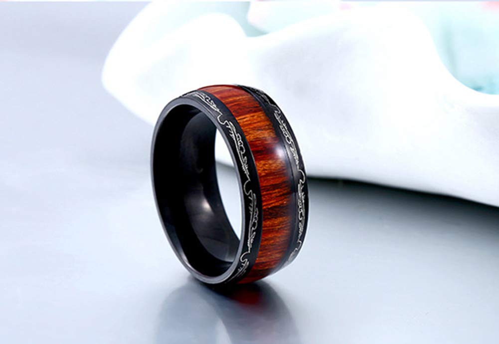 HIJONES Unisex Stainless Steel Rings Koa Real Wood Wedding Engagement Ring Band High Polished Finish Black Size 7