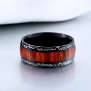 HIJONES Unisex Stainless Steel Rings Koa Real Wood Wedding Engagement Ring Band High Polished Finish Black Size 7