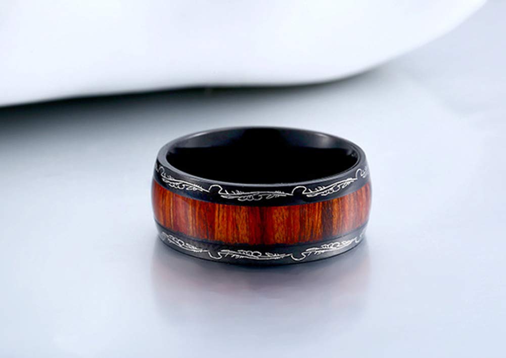 HIJONES Unisex Stainless Steel Rings Koa Real Wood Wedding Engagement Ring Band High Polished Finish Black Size 7