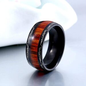 HIJONES Unisex Stainless Steel Rings Koa Real Wood Wedding Engagement Ring Band High Polished Finish Black Size 7